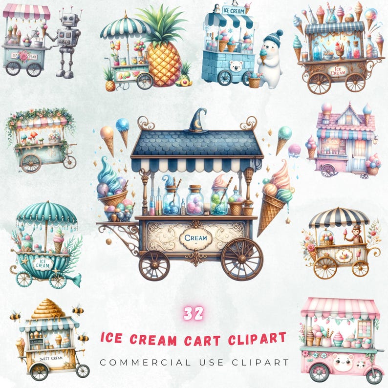 Whimsical Ice Cream Cart Clipart Bundle PNG | 32 Sweet Dessert Stand ...