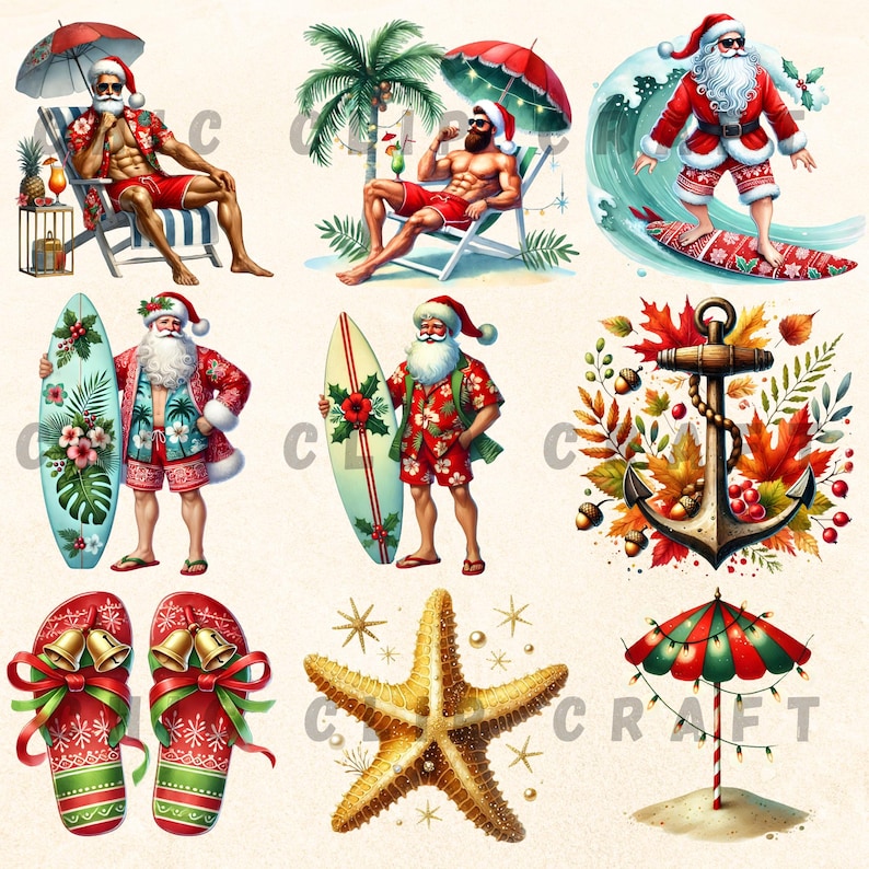 Summer Santa Clipart Bundle With 27 Pngs, Christmas Beach Holiday ...