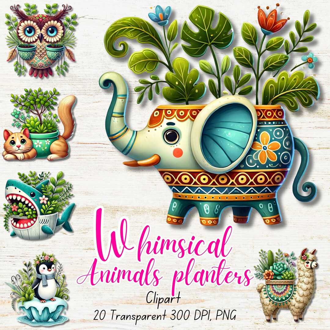 Watercolor Planter Clipart - Whimsical Animal Potted Plant Graphics ...