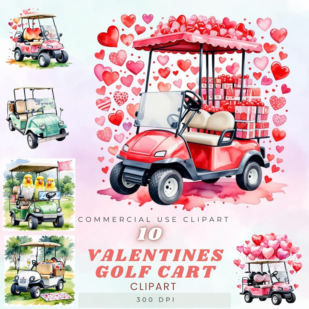 Valentine’s Golf Cart Clipart, Love Ride Clipart Set, Romantic Golf ...