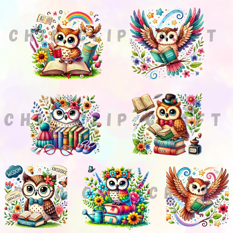 Quirky Whimsical Owl Clipart Set – Bookish Owls With Glasses, Cute ...