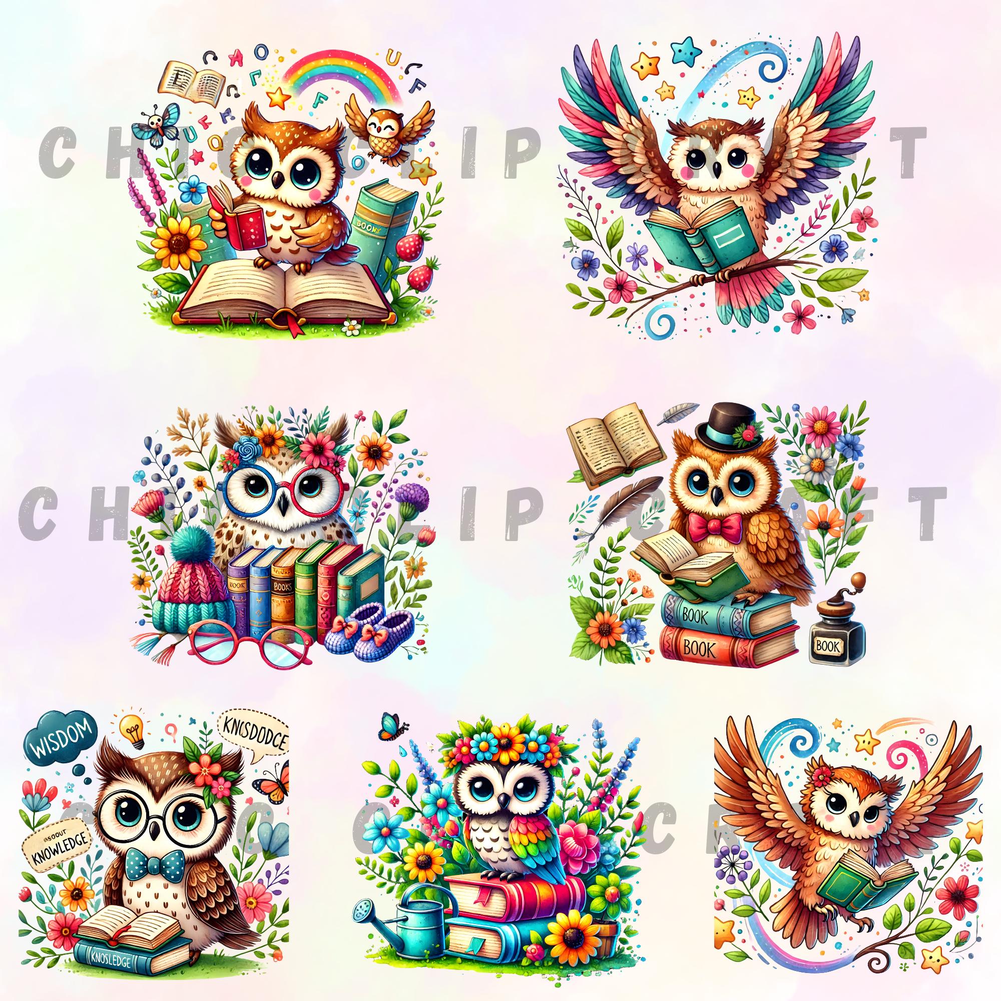 Quirky Whimsical Owl Clipart Set – Bookish Owls With Glasses, Cute ...