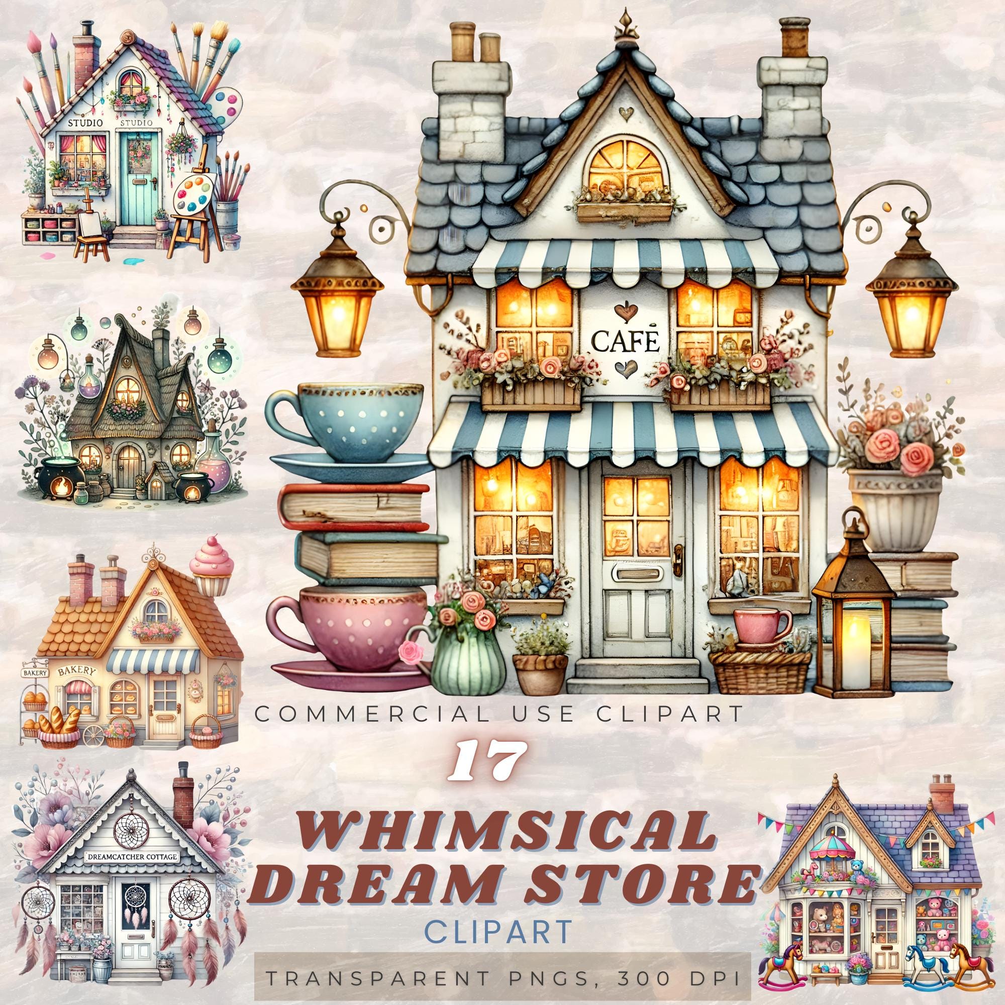 Whimsical Dream Store Clipart Set - 17 Cottagecore Shop Illustrations ...
