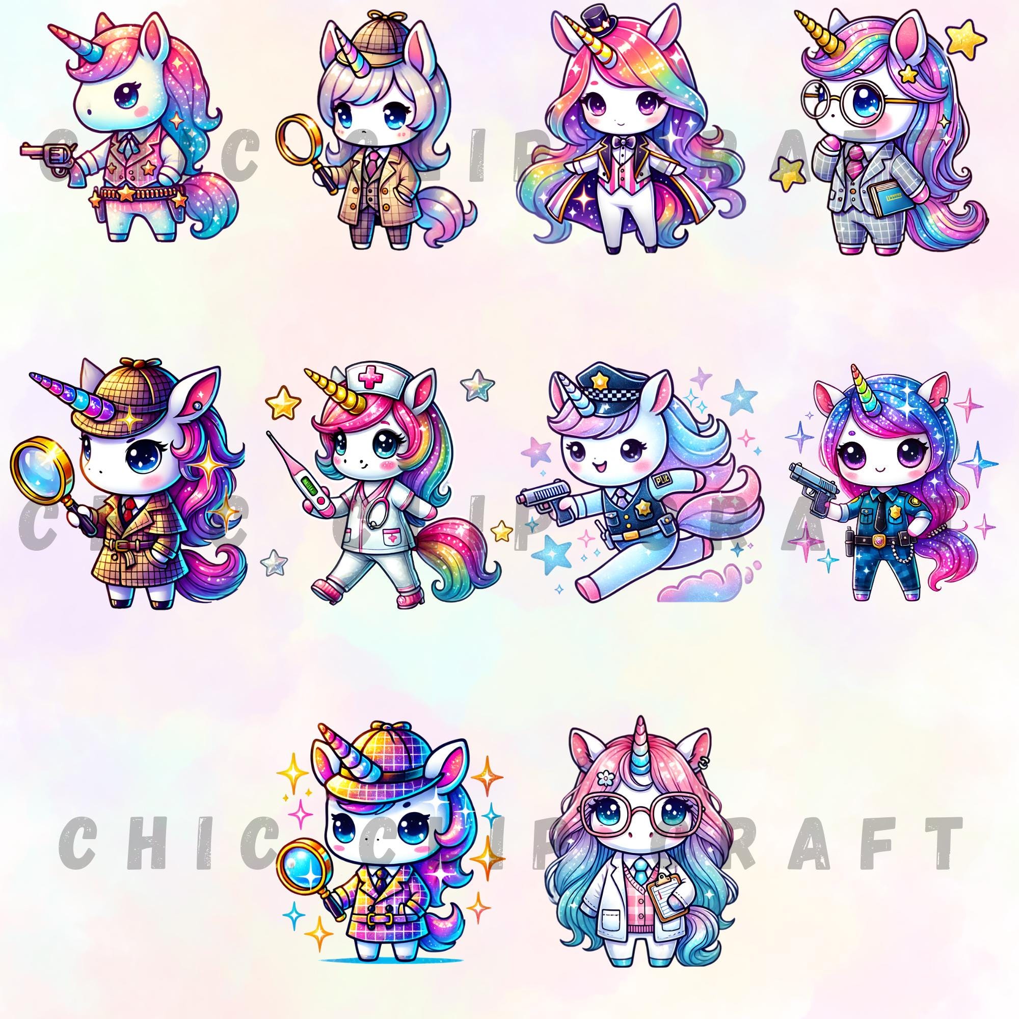 Cute Occupation Unicorn Clipart Bundle, Kawaii Unicorn PNG, Fantasy Job ...