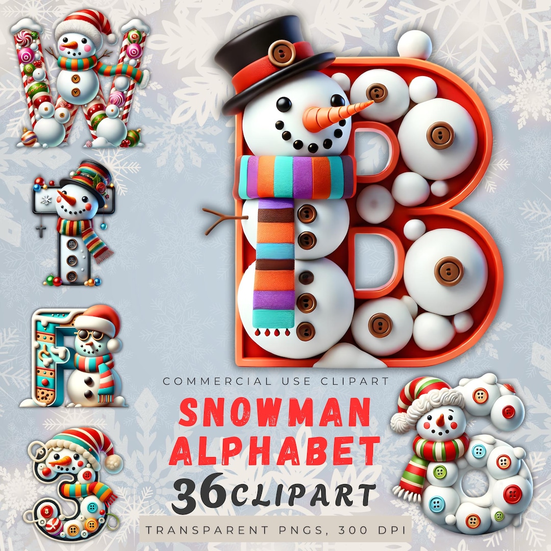Snowman Alphabet Clipart Set, 36 Winter PNG Files, Christmas Snowman ...