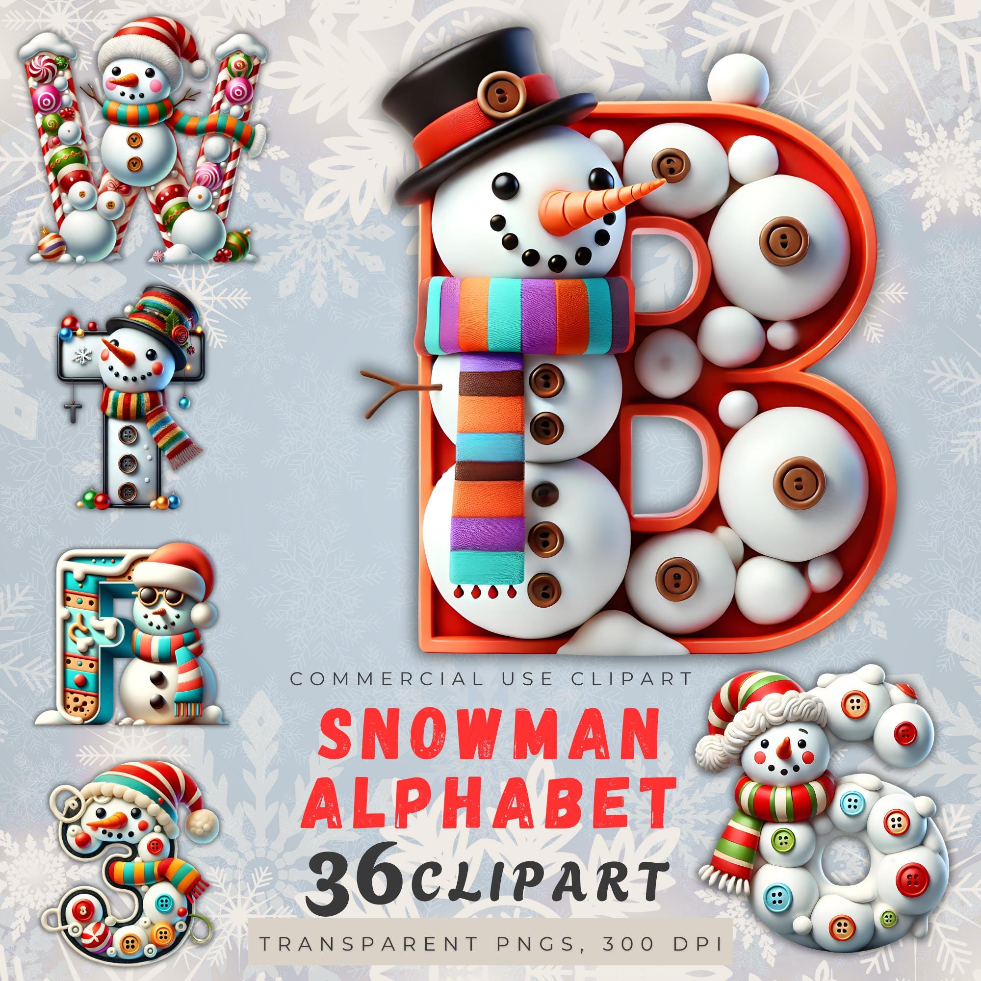 Snowman Alphabet Clipart Set, Winter Christmas Letters (36 PNG Files ...