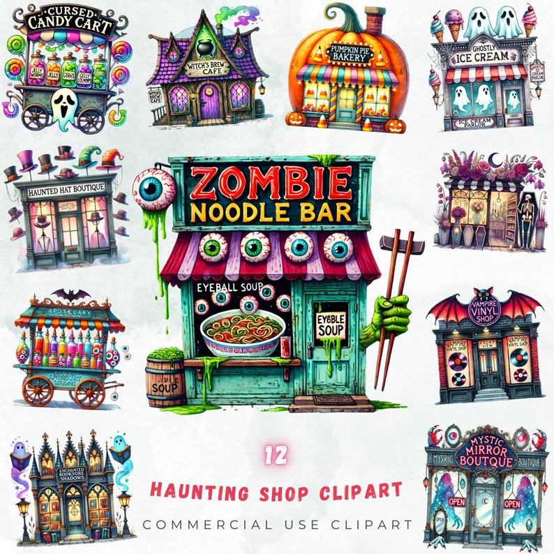 Haunted Halloween Shop Clipart Bundle, Spooky Boutique Clip Art, Zombie ...