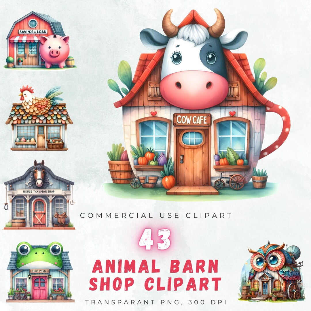 Animal Barn Shopfront Clipart Bundle, Farm Animal Cafe Illustrations ...
