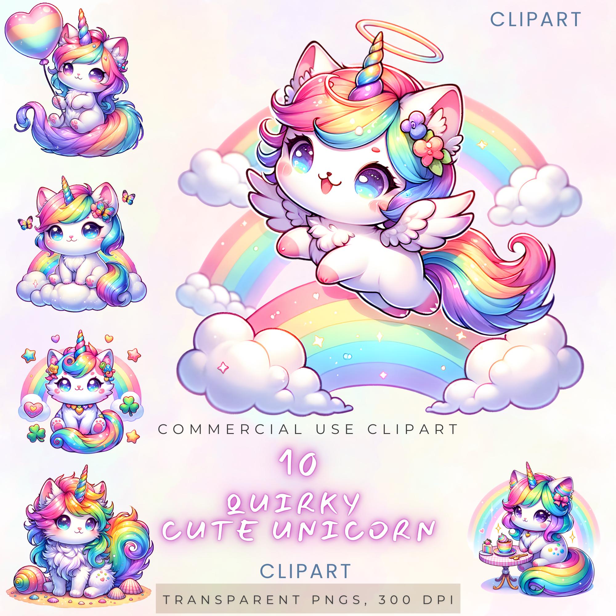 Kawaii Unicorn Cat Clipart Bundle, Unicornrainbow, Cute Printable ...