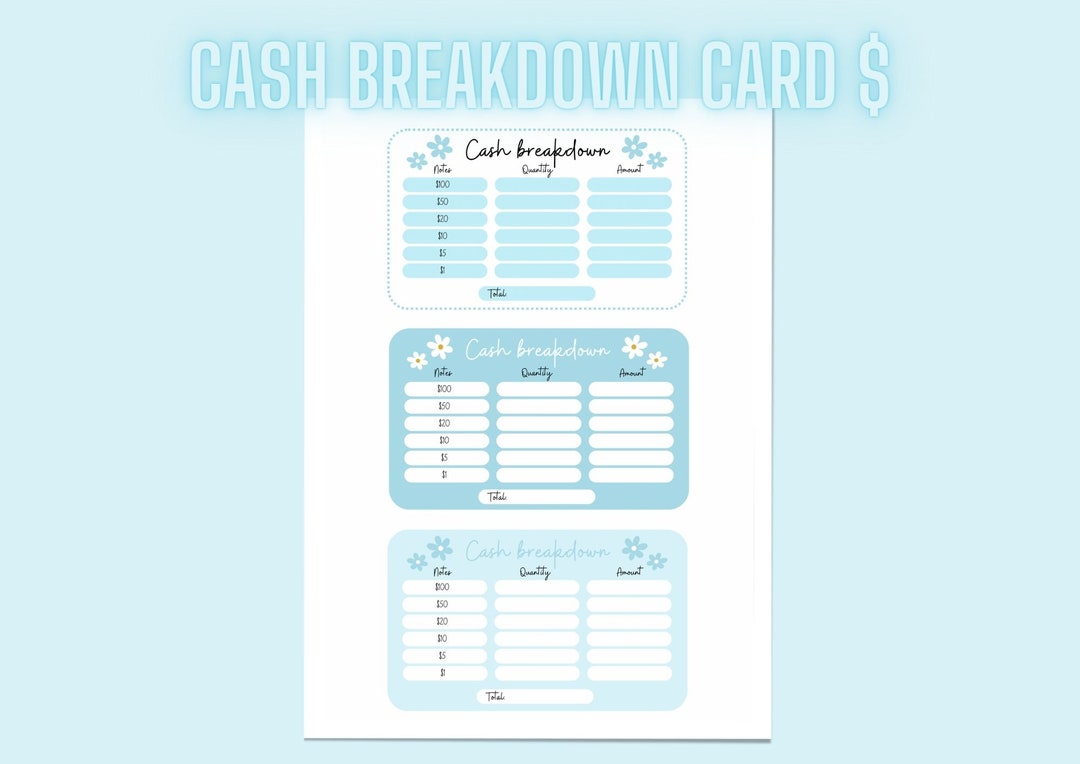 Cash Breakdown Card | Printable Cash Breakdown Slip | Cash Budgeting ...