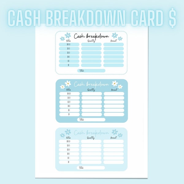 Cash Breakdown Card Printable - Etsy