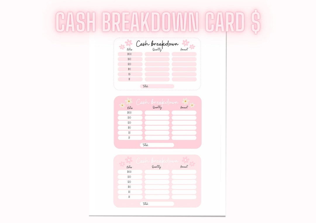 Cash Breakdown Card | Printable Cash Breakdown Slip | Cash Budgeting ...
