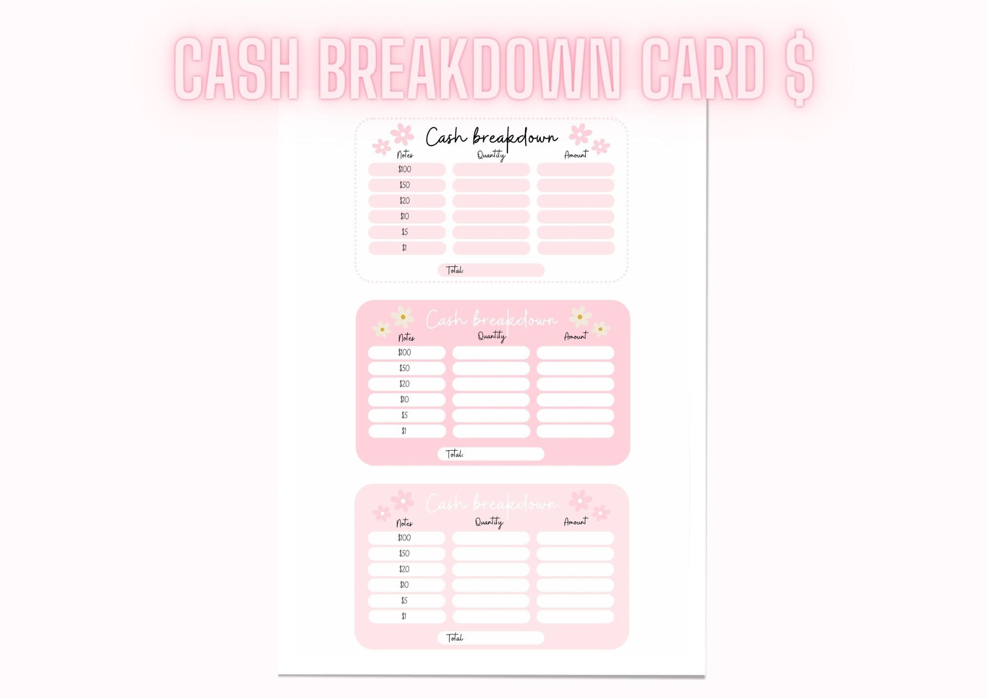 Cash Breakdown Card Printable Cash Breakdown Slip Cash - Etsy