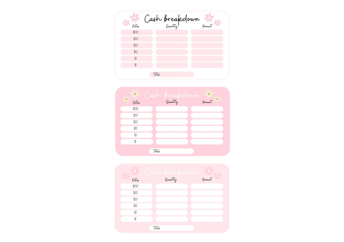 Cash Breakdown Card | Printable Cash Breakdown Slip | Cash Budgeting ...