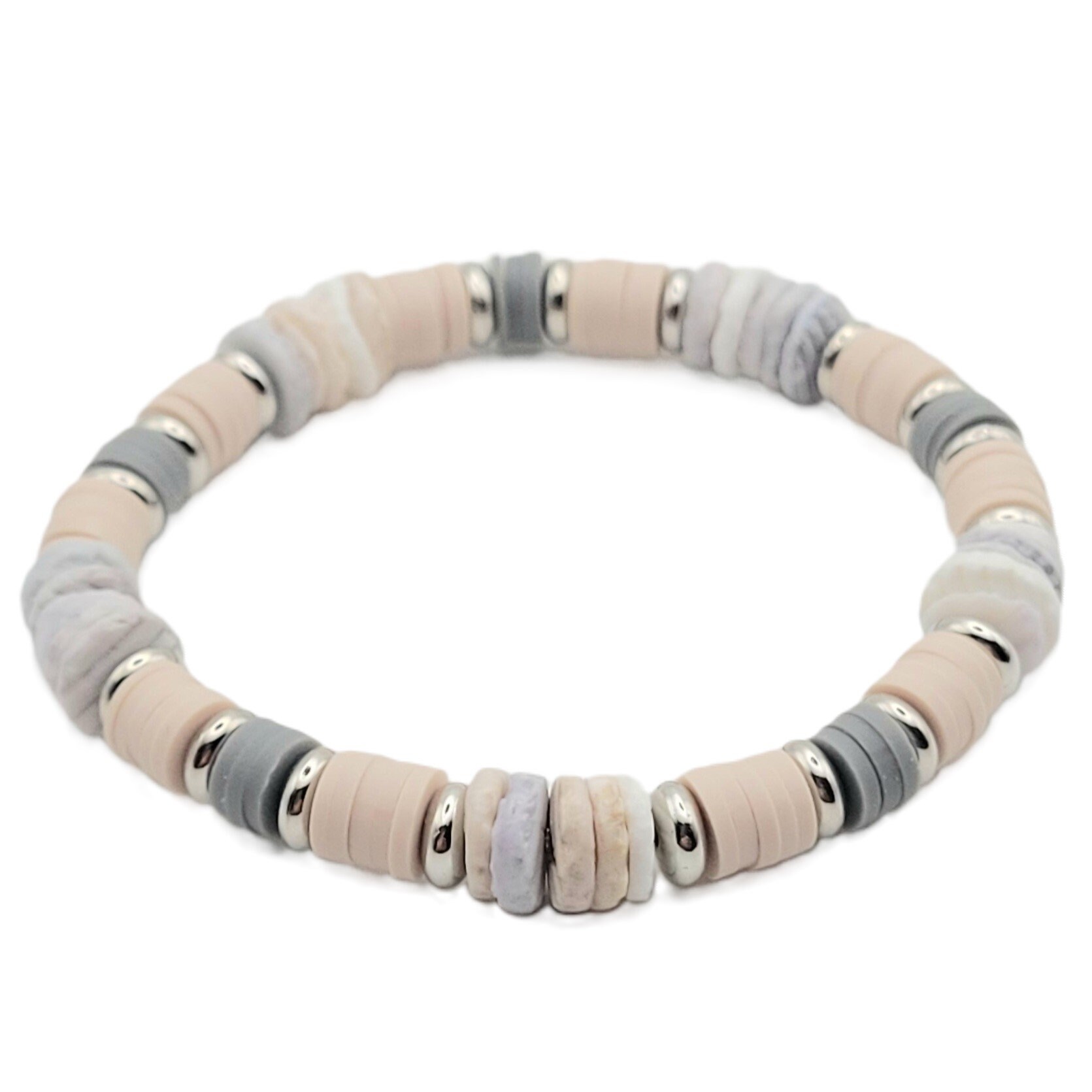 Polymer Clay Heishi and Natural Shell Stretch Bracelet - Earthy Tones ...