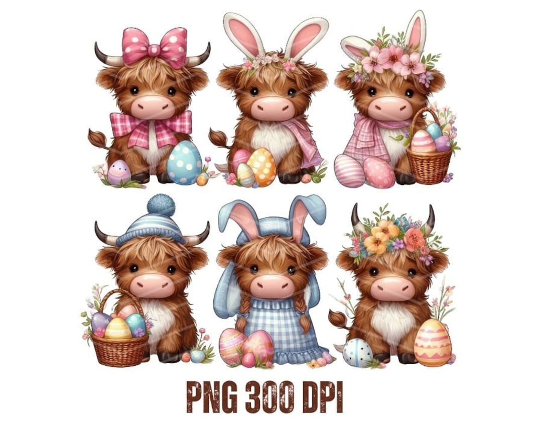 Easter Day Baby Highland Cow PNG, Retro Easter Png, Easter Bunny Png ...