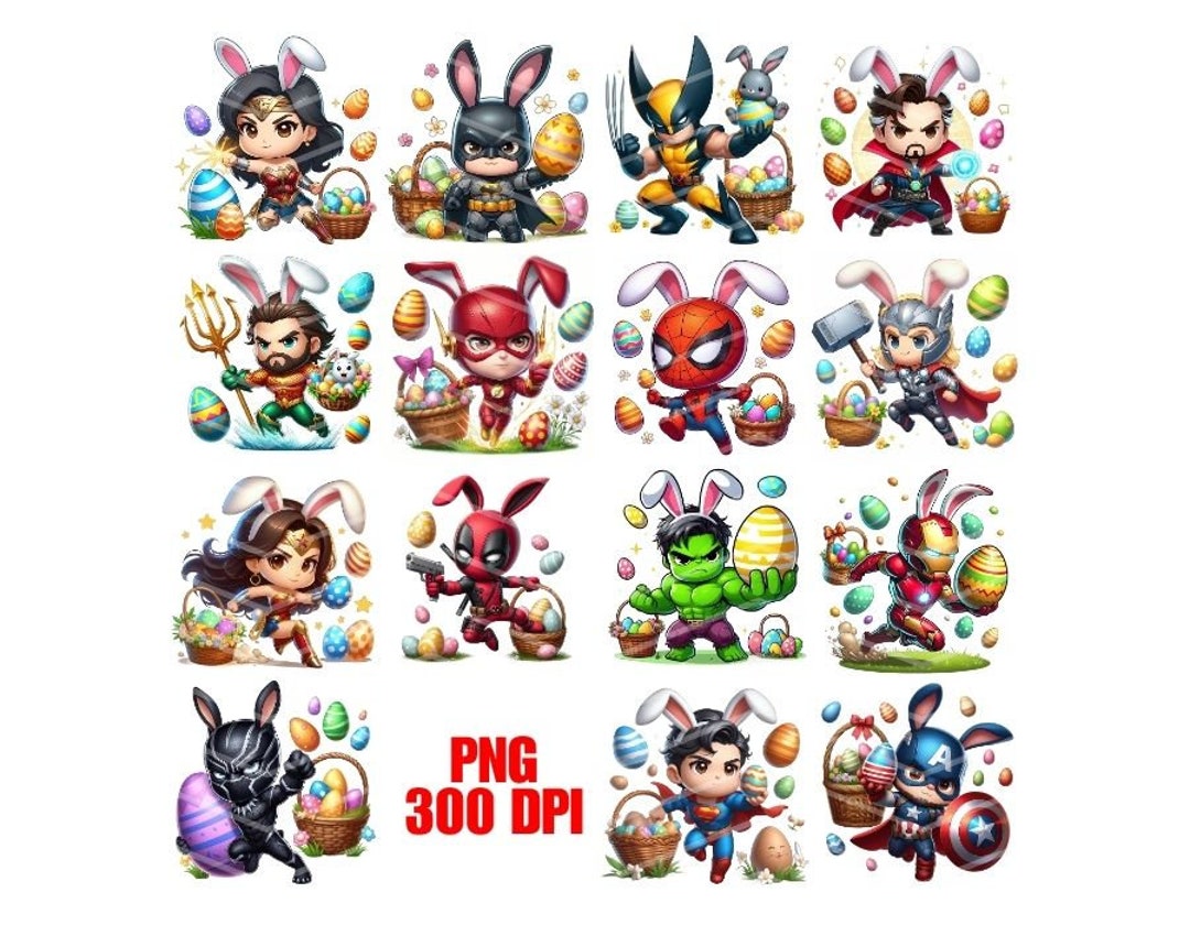Chibi Superhero Easter Cartoon Png Bundle, Cartoon Easter Png, Happy ...