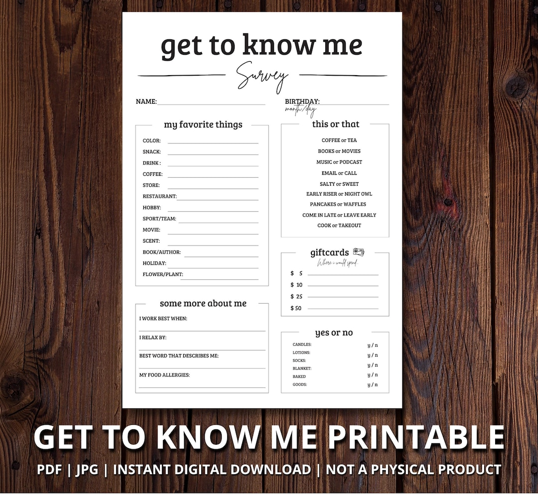 Get to Know Me Printable, Work Exchange Gift, Editable Survey, All ...