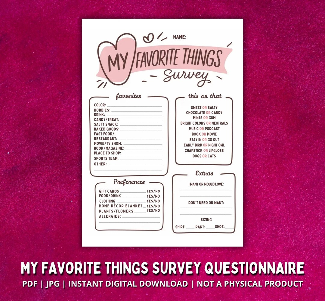My Favorite Things Survey Questionnaire Employee Favorites All About Me ...