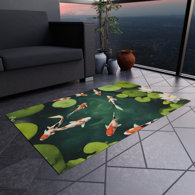 Koi Pond Outdoor Rug Watercolour Print, Perfect for Patio, Balcony ...