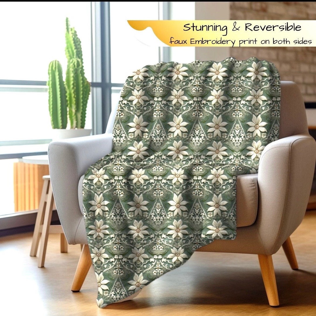 Sage Vintage Blanket Throw, Granny-chic Faux Embroidery, Stylish Scandi ...