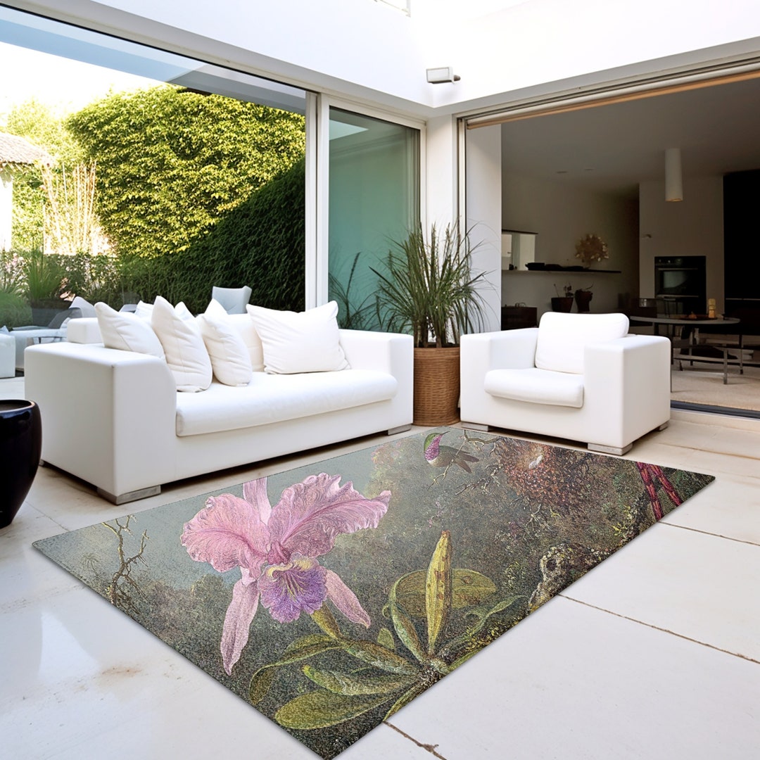 Outdoor Rug Vintage Art Cattaleya Orchid & Hummingbird, Poolside Mat ...