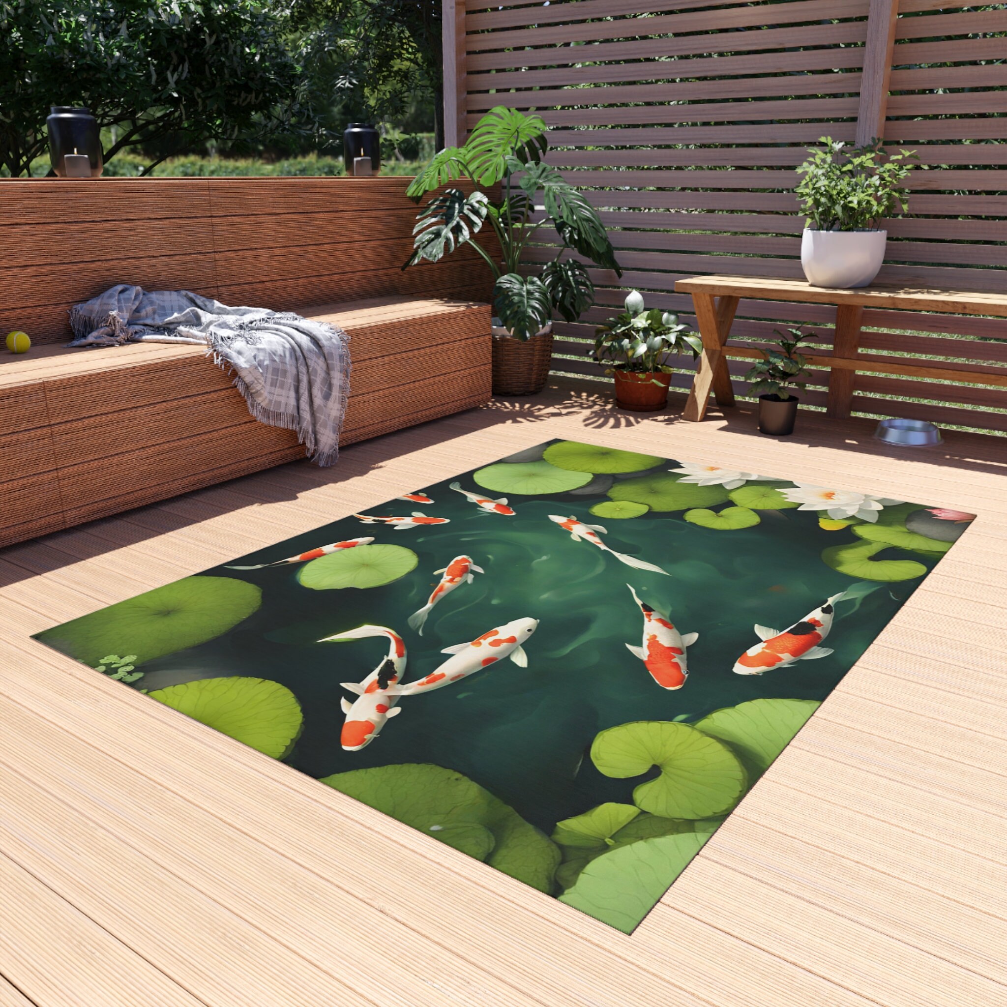 Koi Pond Outdoor Rug Watercolour Print, Perfect for Patio, Balcony ...