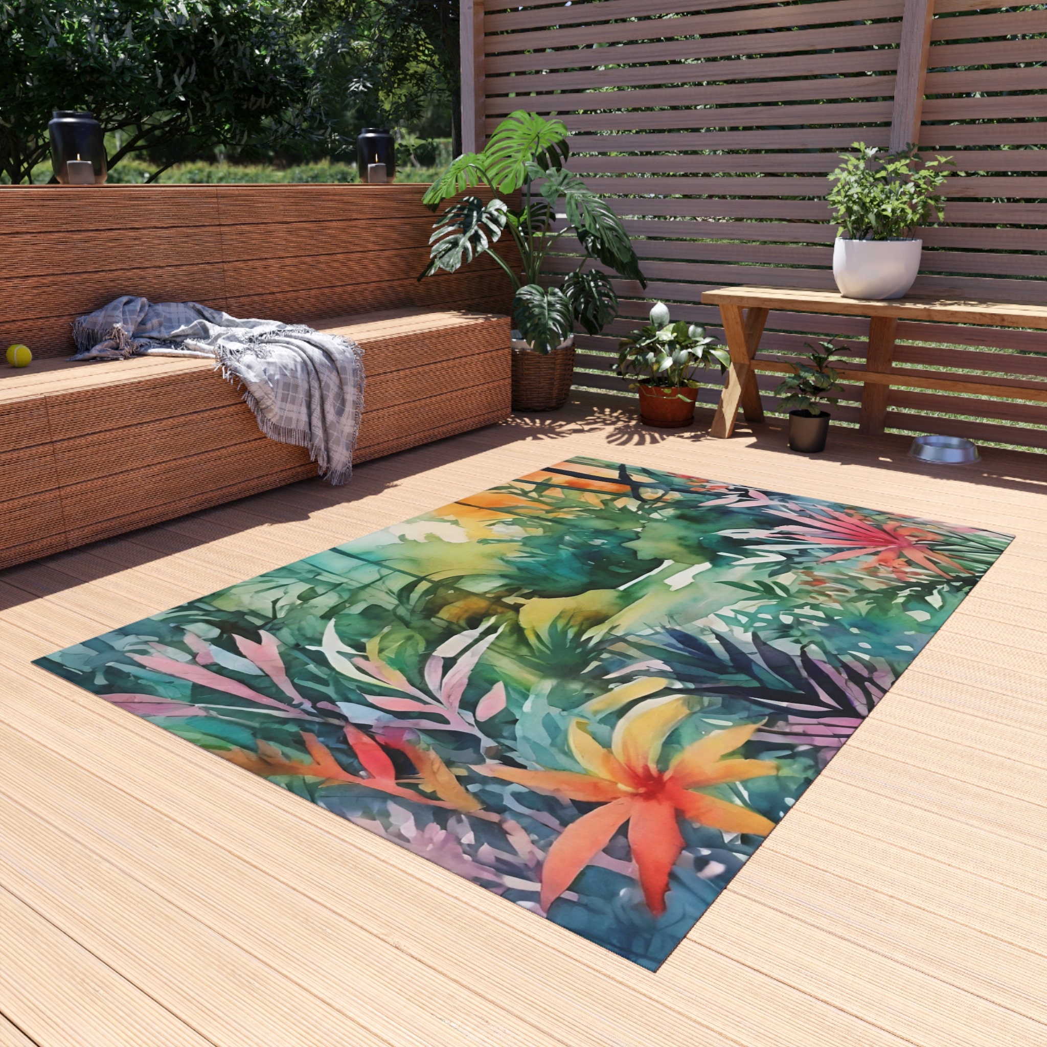Vibrant Tropical Outdoor Rug UV Resistant Garden Decor Trendy Poolside ...