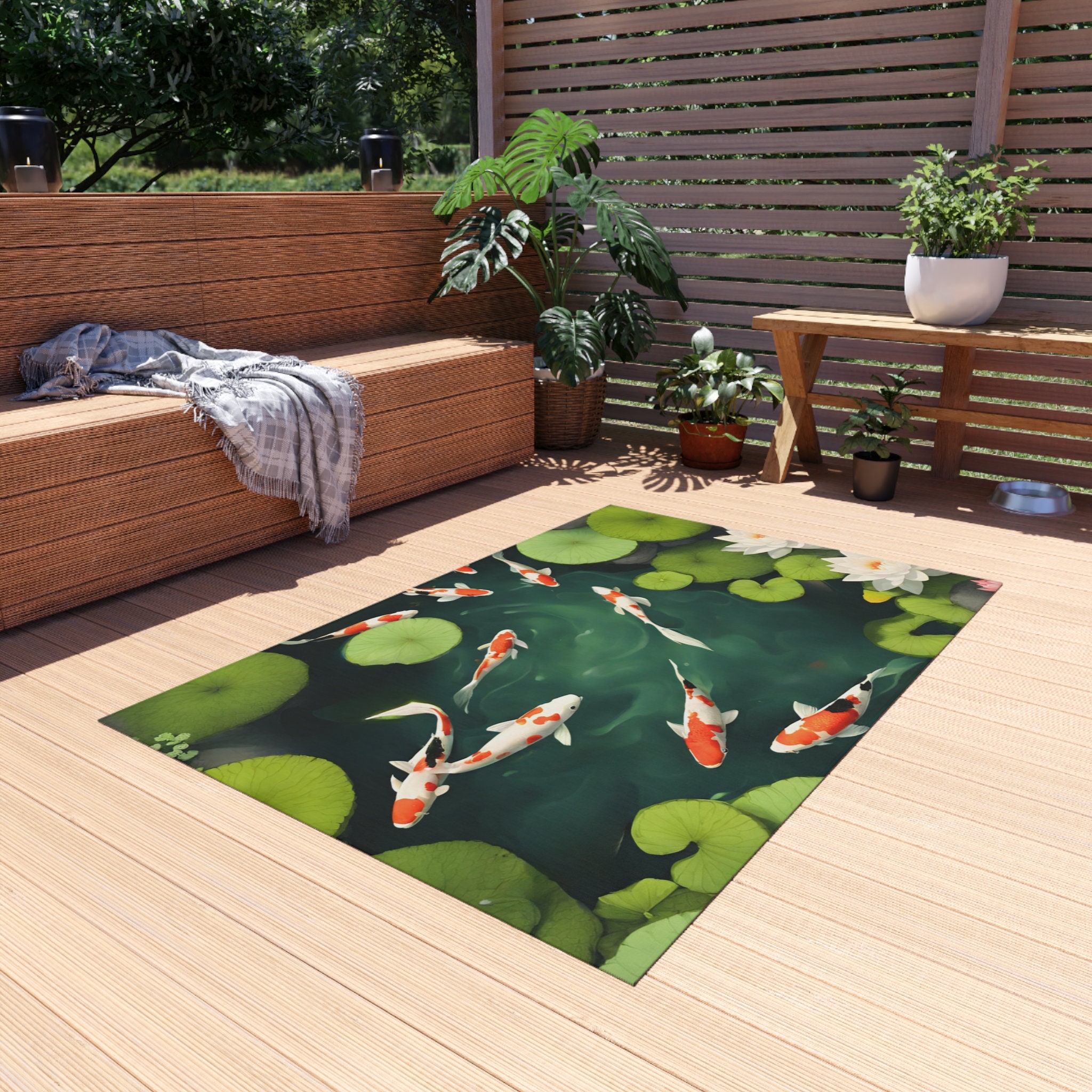 Koi Pond Outdoor Rug Watercolour Print, Perfect for Patio, Balcony ...