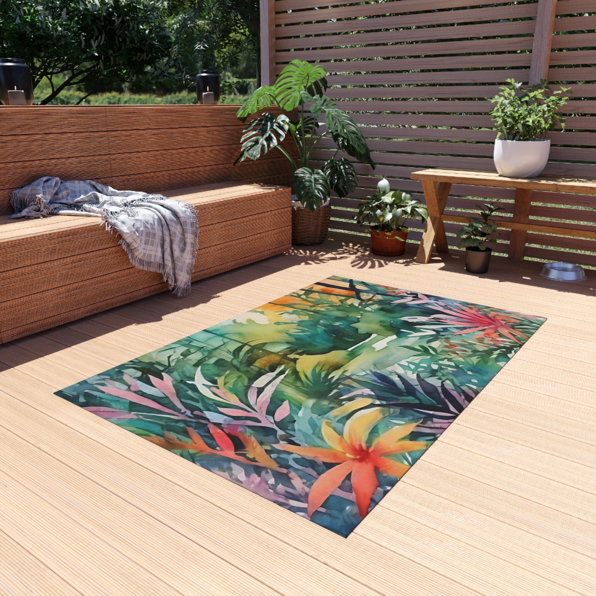Vibrant Tropical Outdoor Rug UV Resistant Garden Decor Trendy Poolside ...