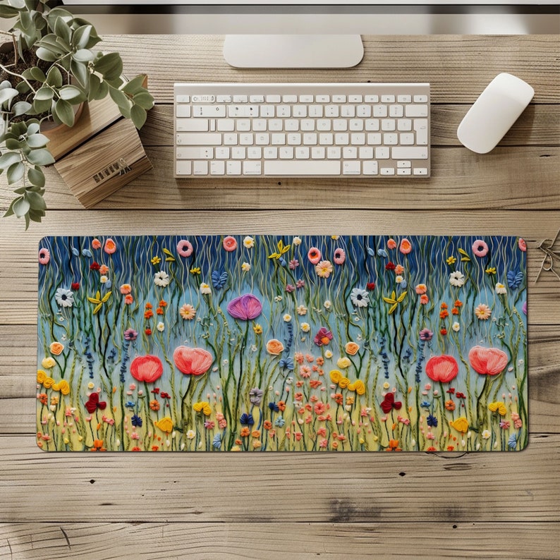 Cottagecore Wildflower Desk Mat, Faux Embroidery Print, Botanical ...