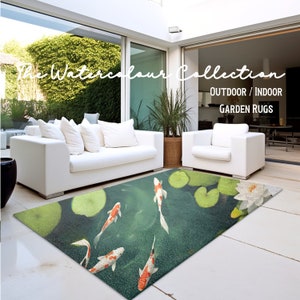 Koi Pond Outdoor Rug Watercolour Print Perfect for Patio Balcony Garden ...