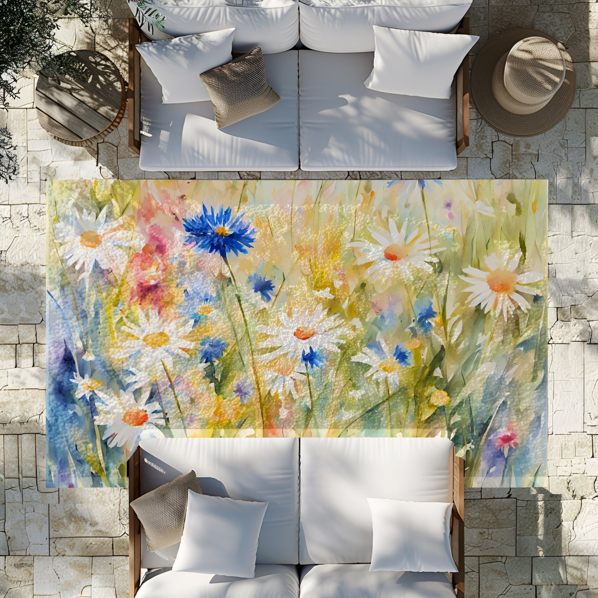 Boho Wildflower Outdoor Rug UV Resistant Garden Decor Poolside Mat and ...