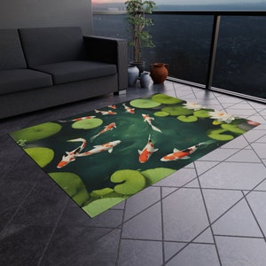 Koi Pond Outdoor Rug Watercolour Print, Perfect for Patio, Balcony ...