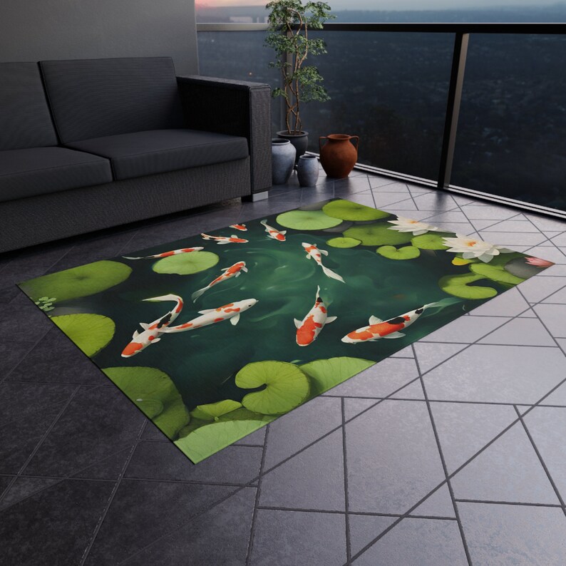 Koi Pond Outdoor Rug Watercolour Print, Perfect for Patio, Balcony ...