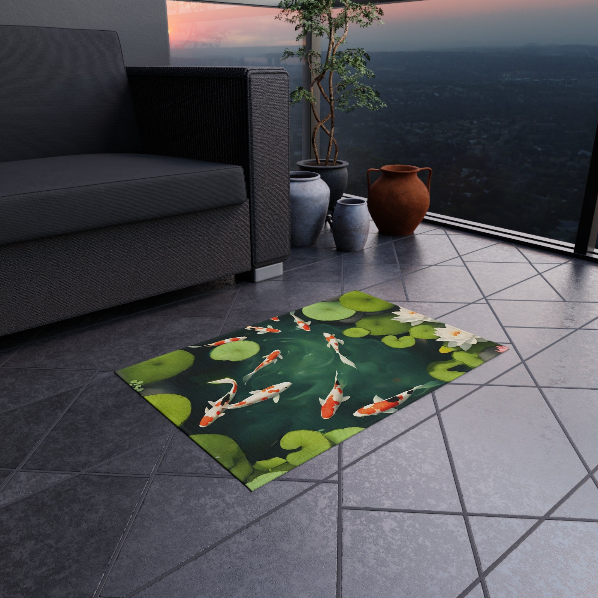 Koi Pond Outdoor Rug Watercolour Print, Perfect for Patio, Balcony ...