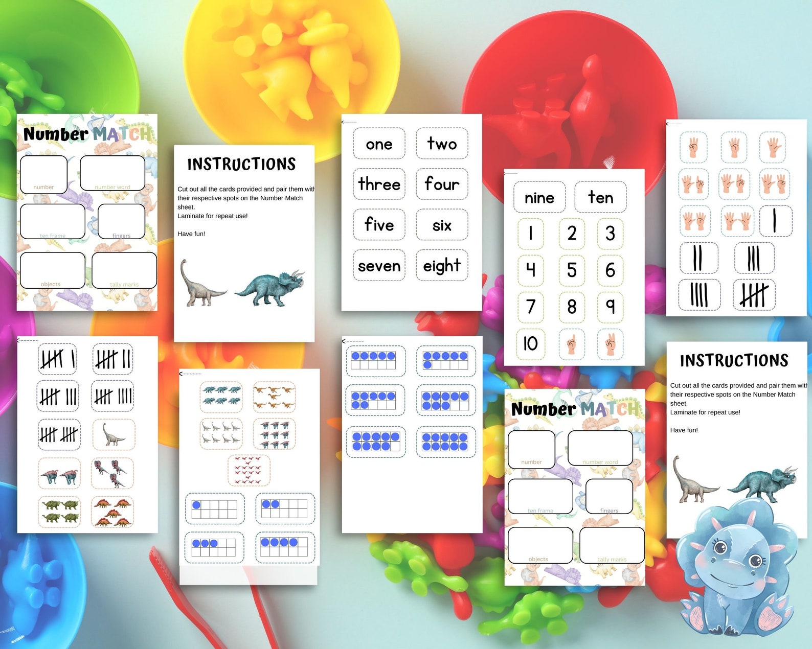 Dinosaur Number Match: Preschool Counting Activity (instant Download ...