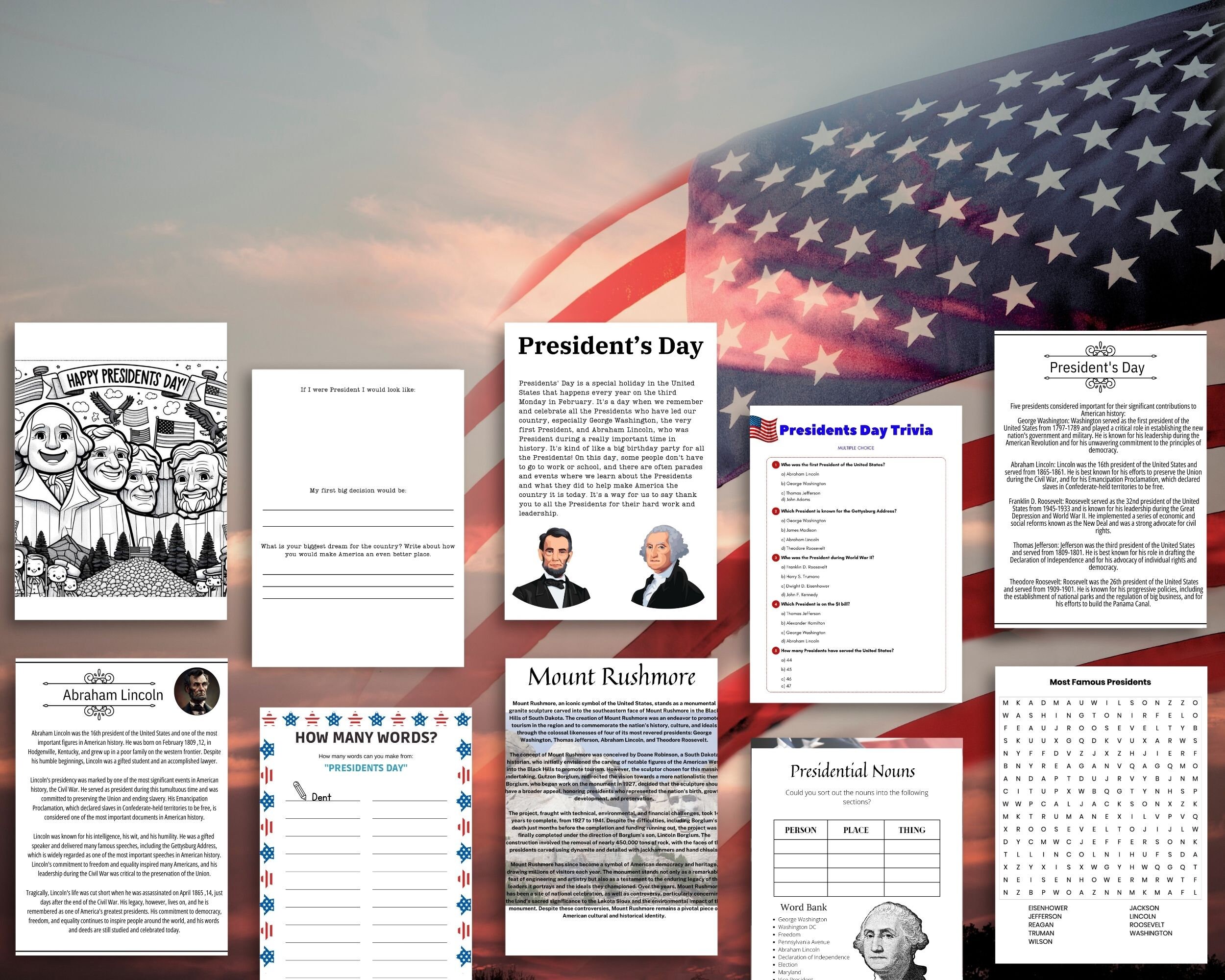 Presidents Day Unit Study: Printable Activities & Worksheets (digital ...