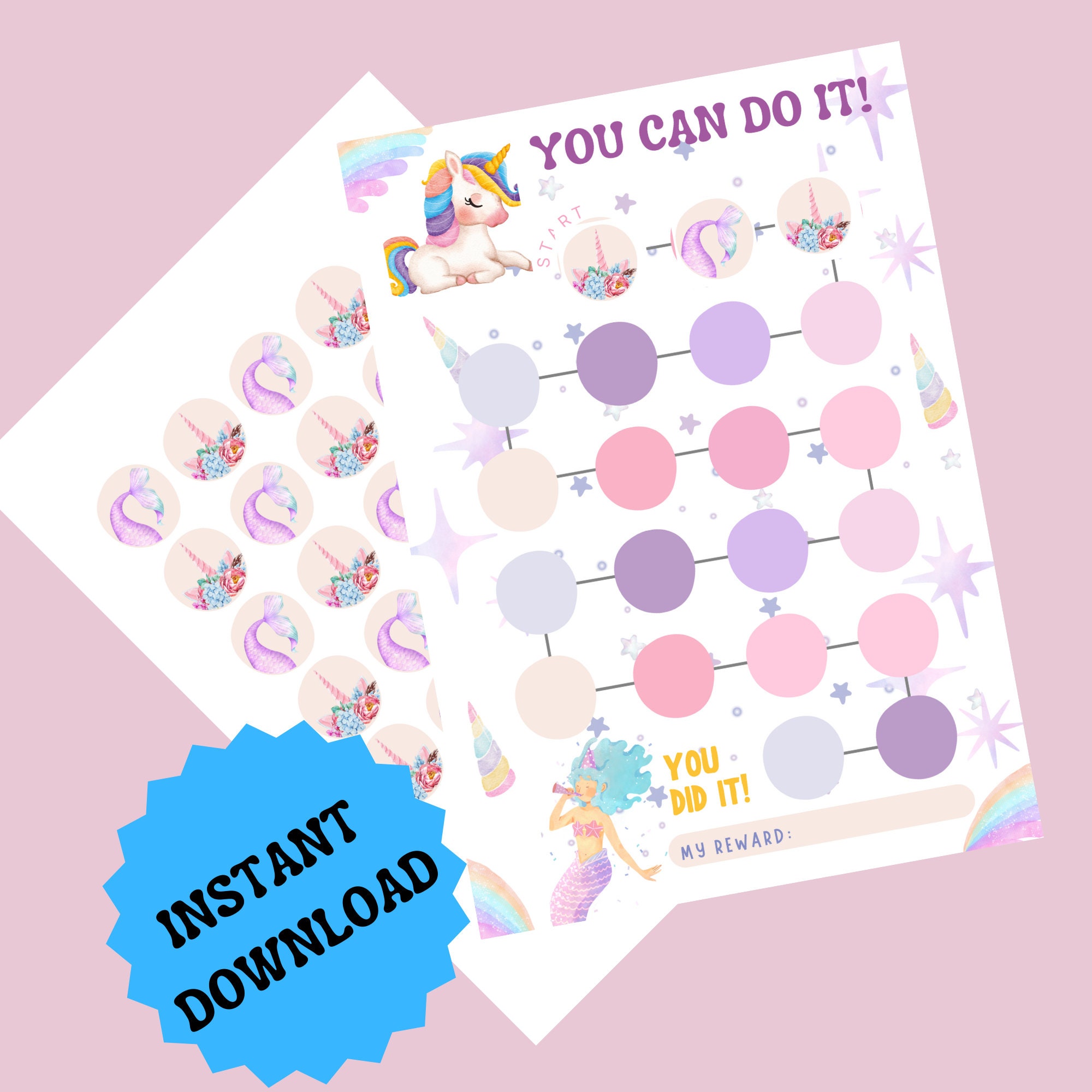Printable Unicorn & Mermaid Reward Chart, Printable Stickers, INSTANT ...