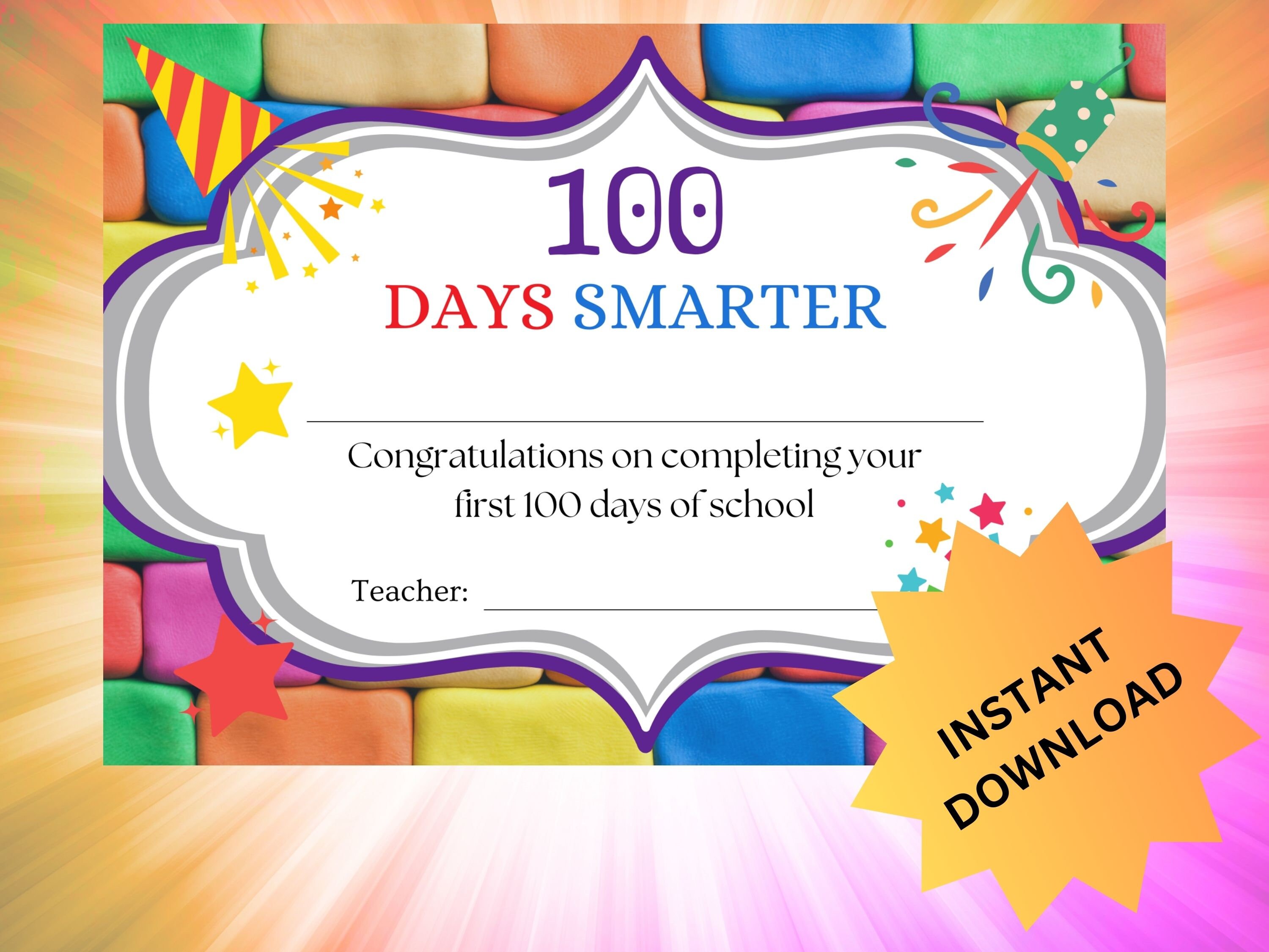 100th Day of School Certificate | Printable | Preschool | INSTANT ...