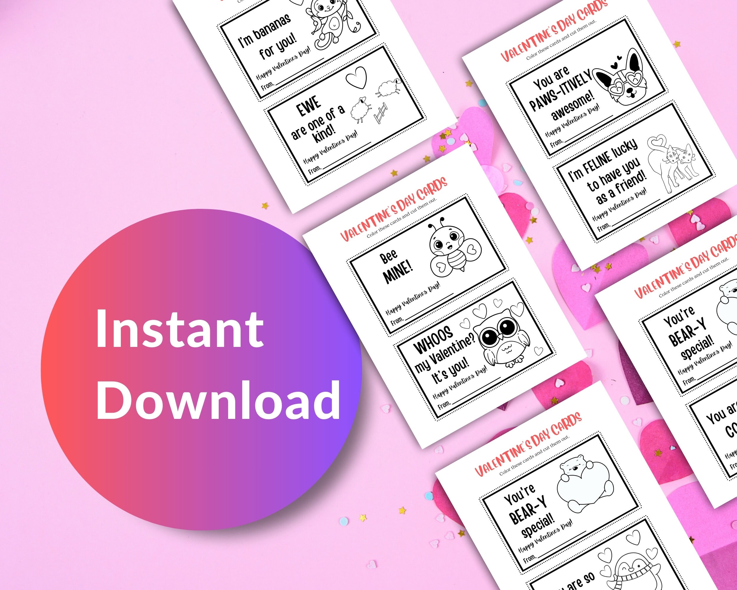 Coloring Valentine Cards Printable All Ages Cute Animals INSTANT ...