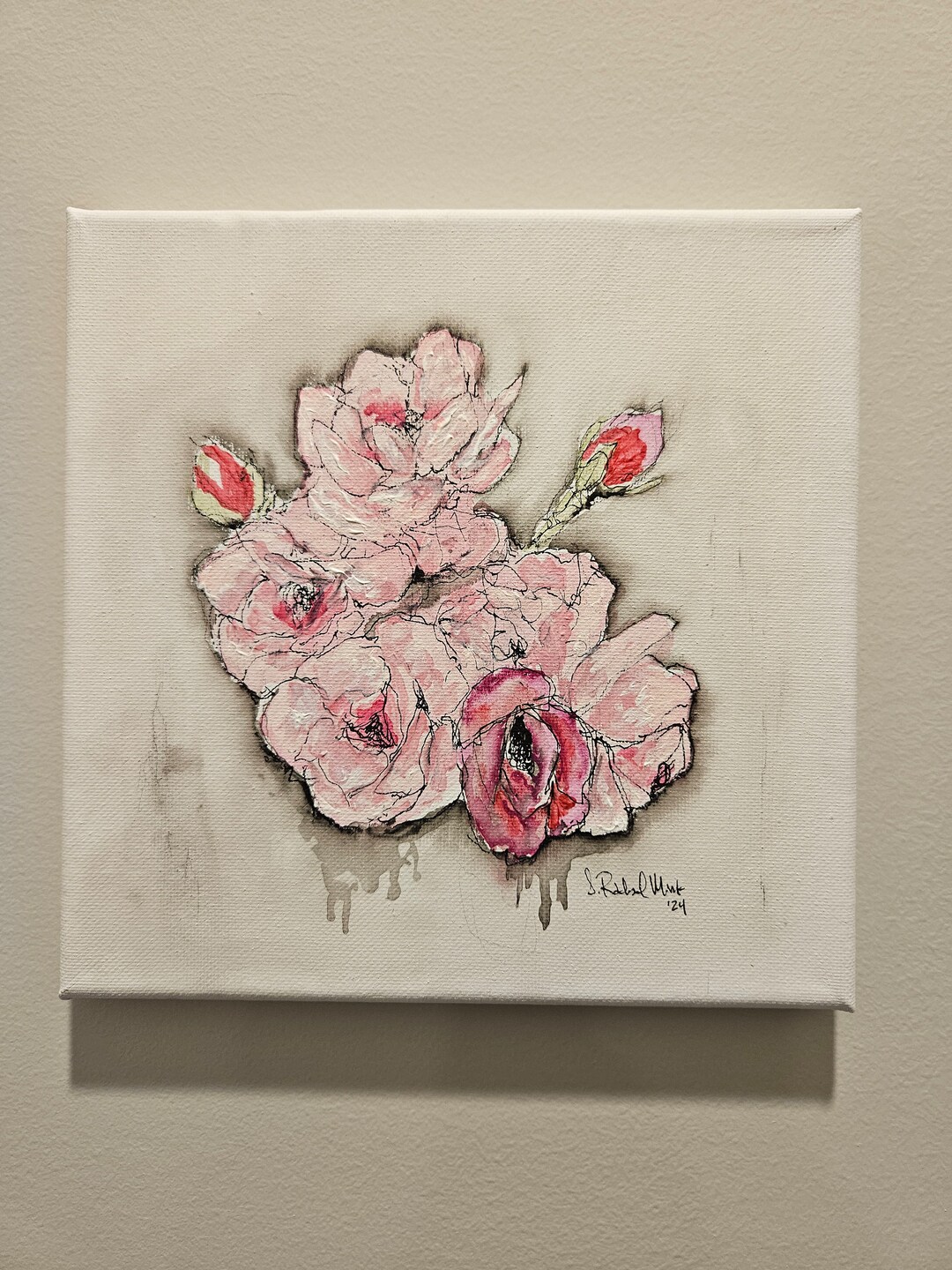 Acrylic and Pen Rose Bunch Line and Wash Roses Pink Floral Dark Mood ...