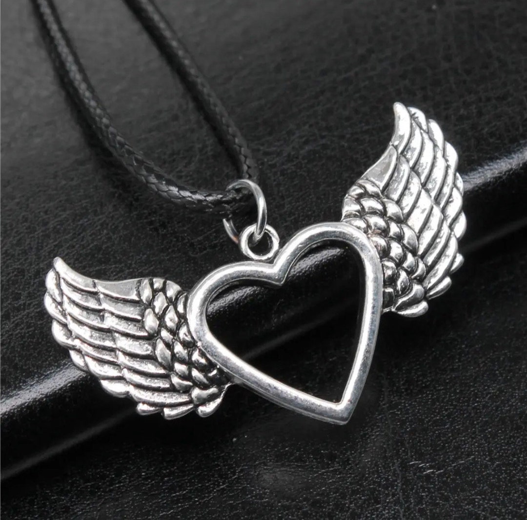 Carved Heart Wings Pendant Necklace Antique Silver Plated Vintage ...