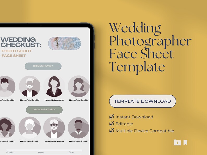 Mid Century Boho Wedding Photographer Face Sheet Wedding Checklist - Etsy