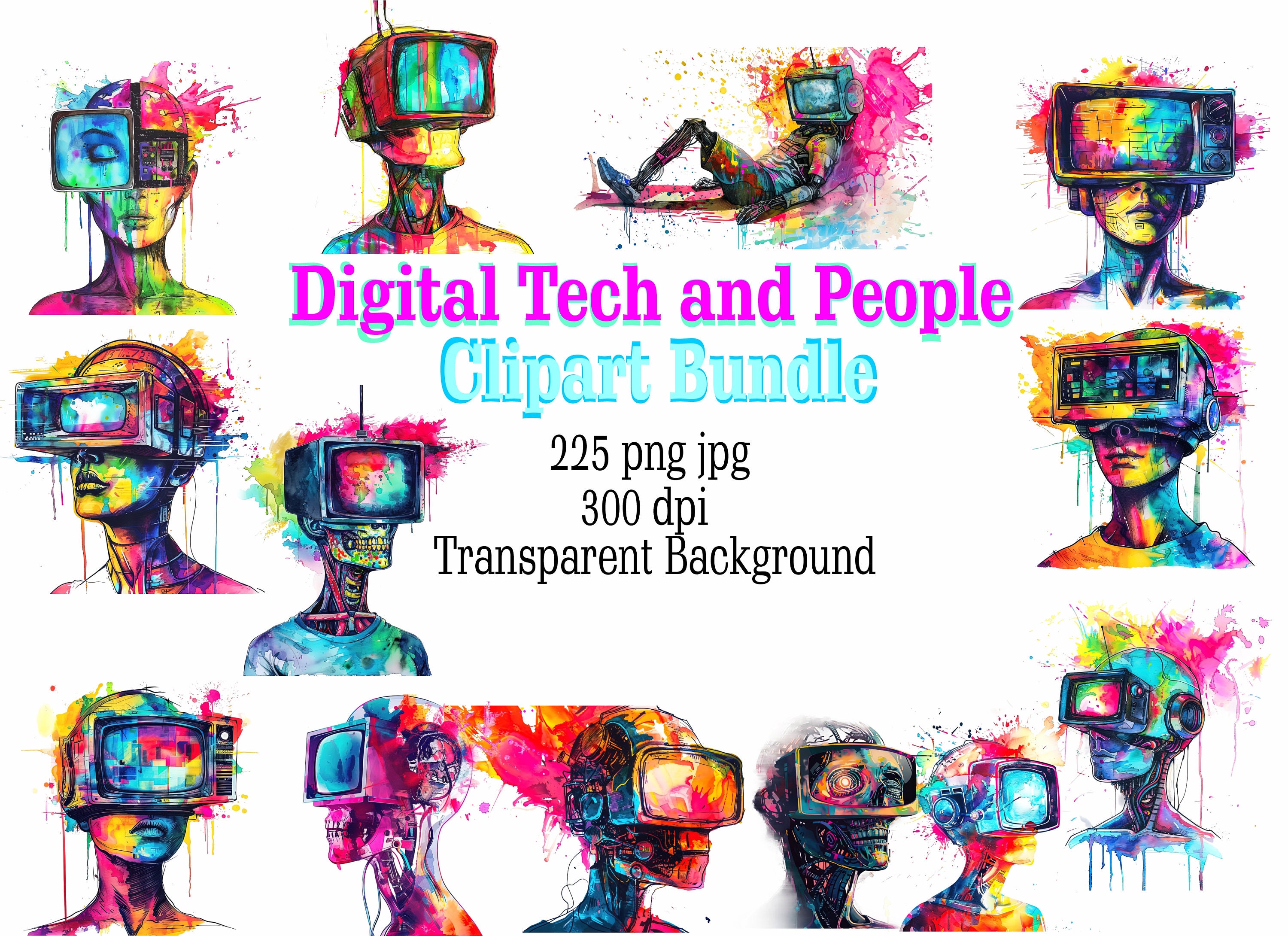 Digital Tech and People Clipart Bundle, Vibrant Neon Figures Bundle ...