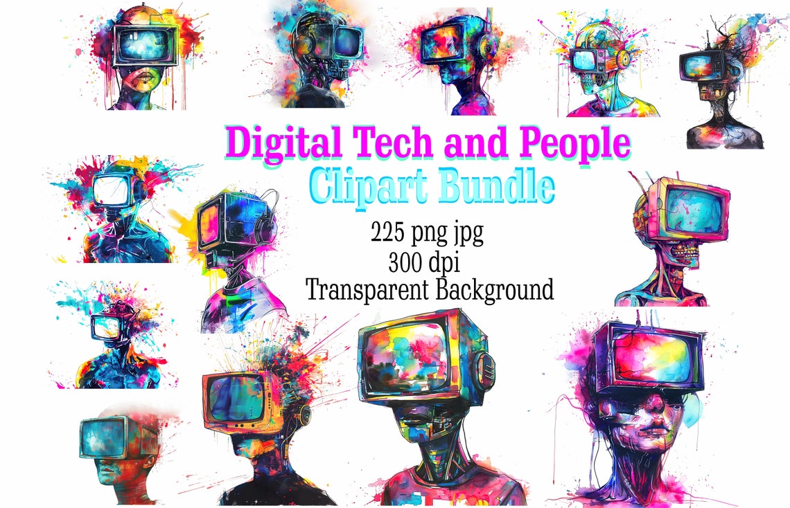 Digital Tech and People Clipart Bundle, Vibrant Neon Figures Bundle ...