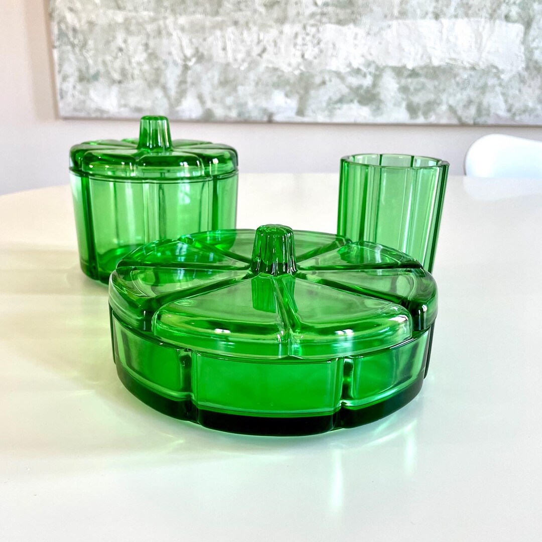 Vintage Green Glass Set - Etsy