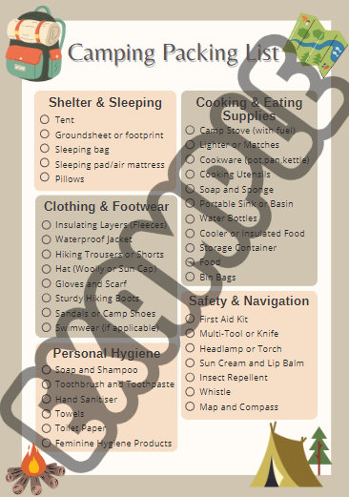 Camping Travel Packing Checklist Printable, Downloadable Checklist - Etsy