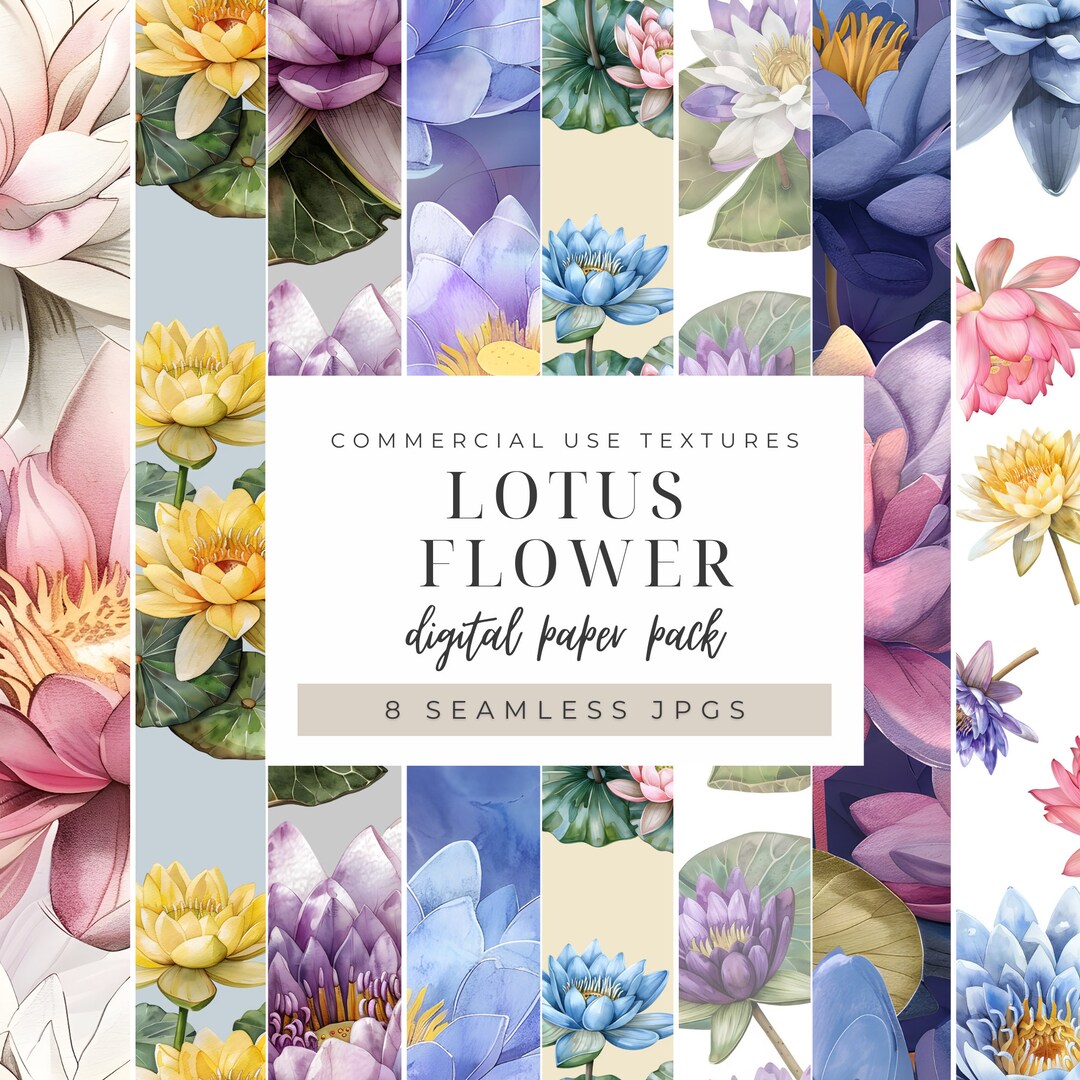 Lotus Flower Seamless Digital Paper, Watercolor Pink Floral Collage ...