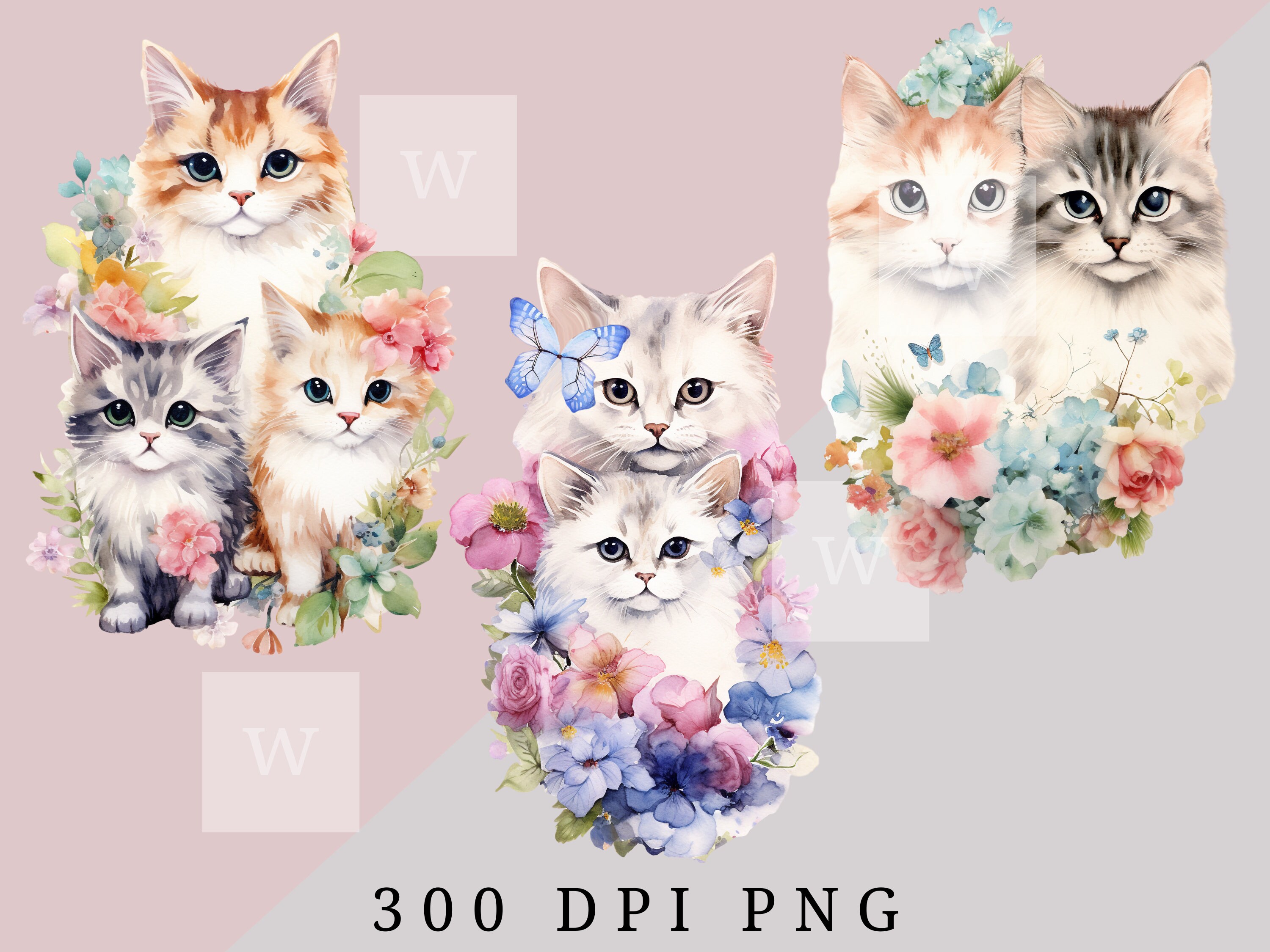 Floral Cat Clipart,wildflower Kitty Digital Graphics Watercolor ...